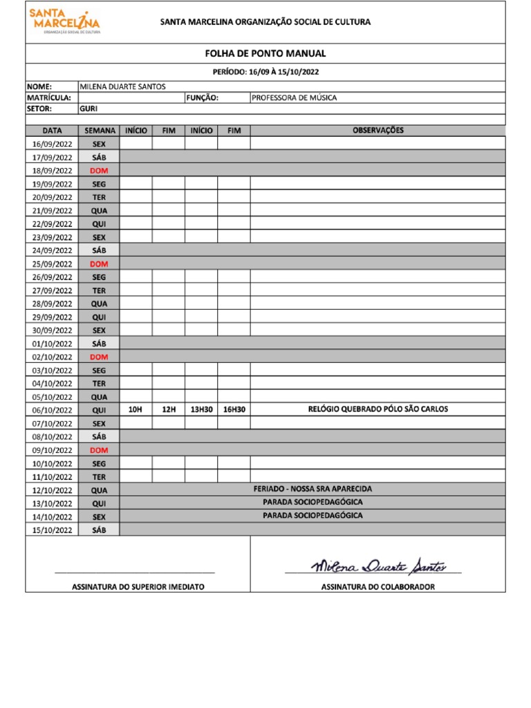 10 Folha de Ponto Manual 2022 OUT Milena | PDF