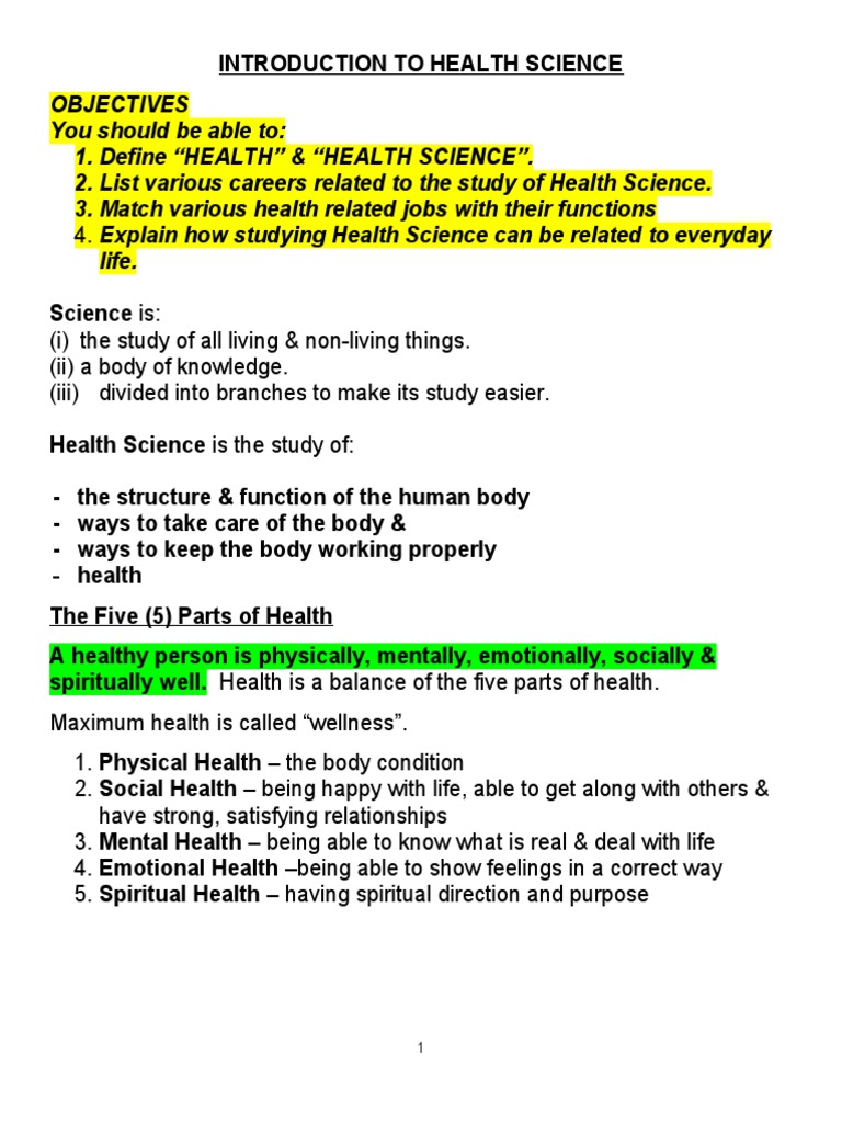 1 Introduction To Health Science | PDF | Mental Health | Psychology