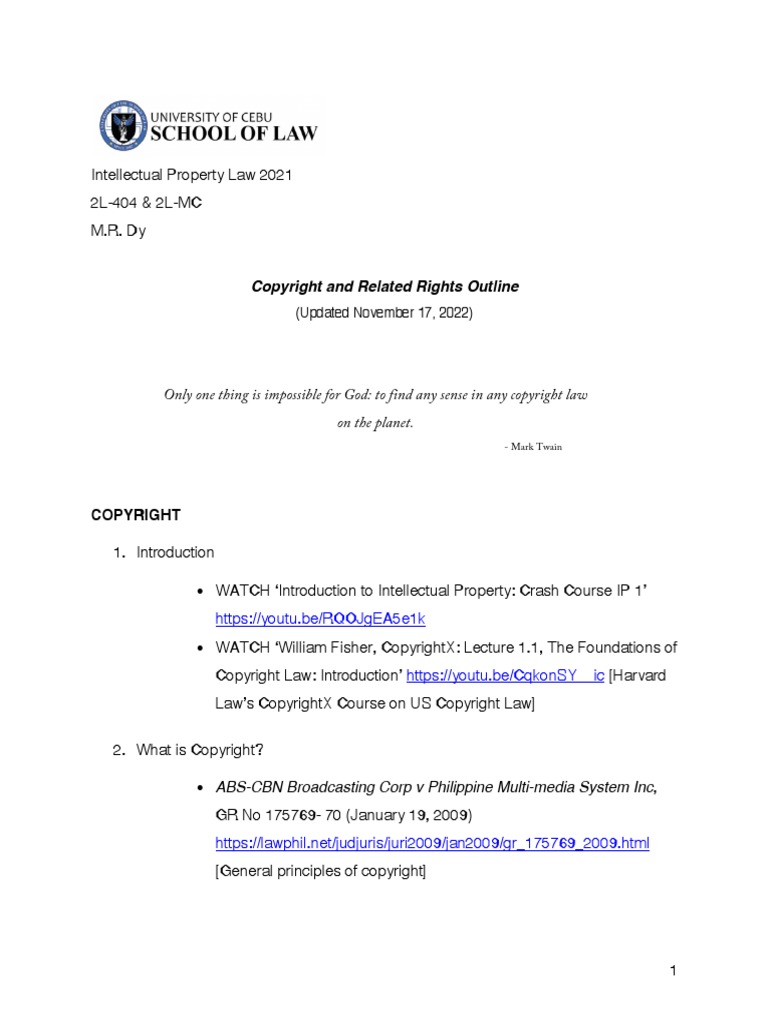 2022 11 17 Copyright Law Outline Pdf Fair Use Copyright