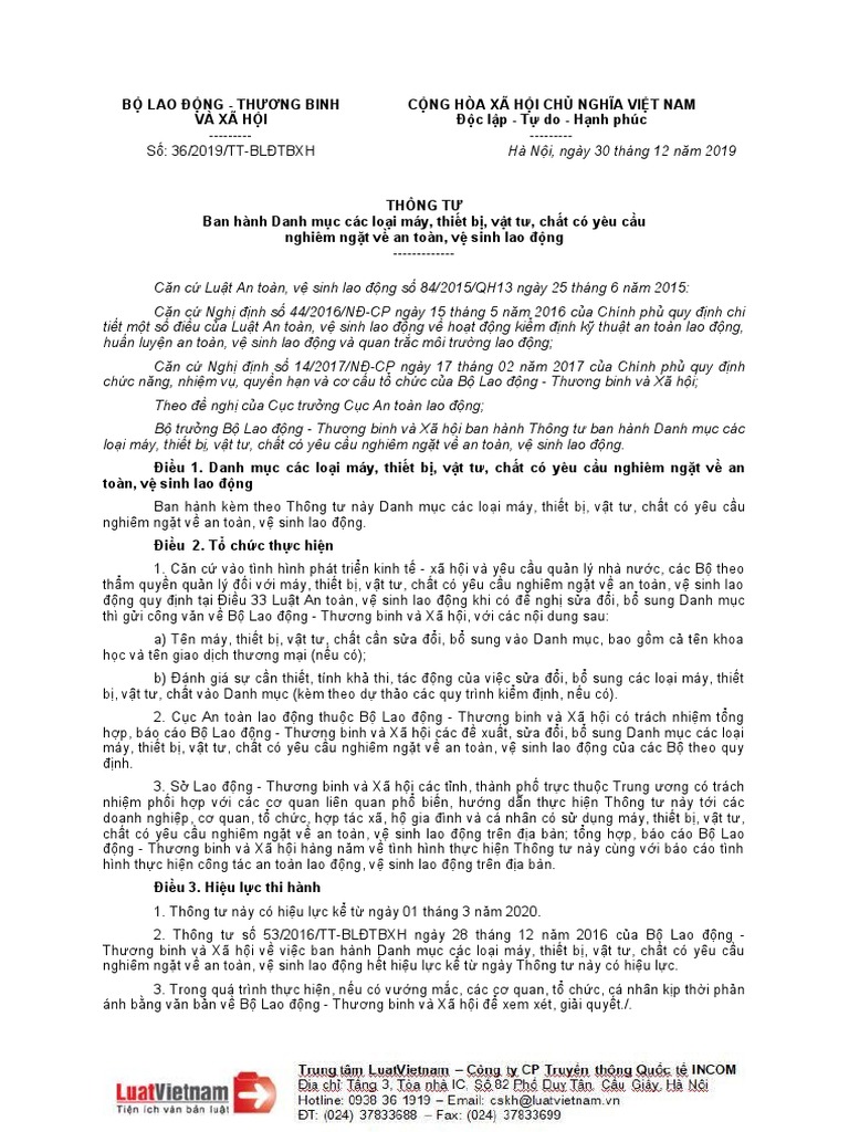 Thong Tu 36 2019 TT BLDTBXH Thiet Bi Yeu Cau Nghiem Ngat Ve An Toan Ve ...