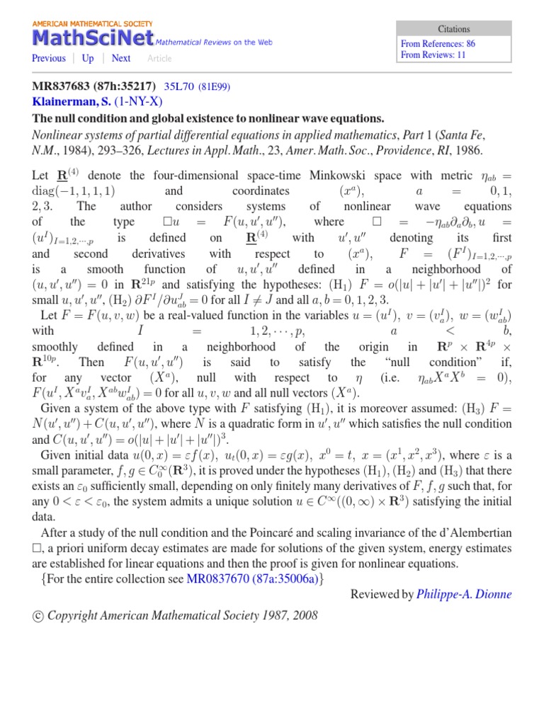 Klainerman, S. (1-NY-X) : MR837683 (87h:35217) The Null Condition and Global Existence To ...