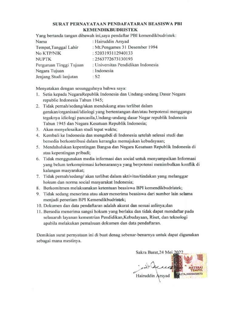 Surat Pernyataan Beasiswa Bermaterai | PDF