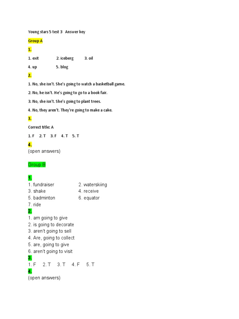 Young Stars 5 Test 3 Key GRA.B | PDF