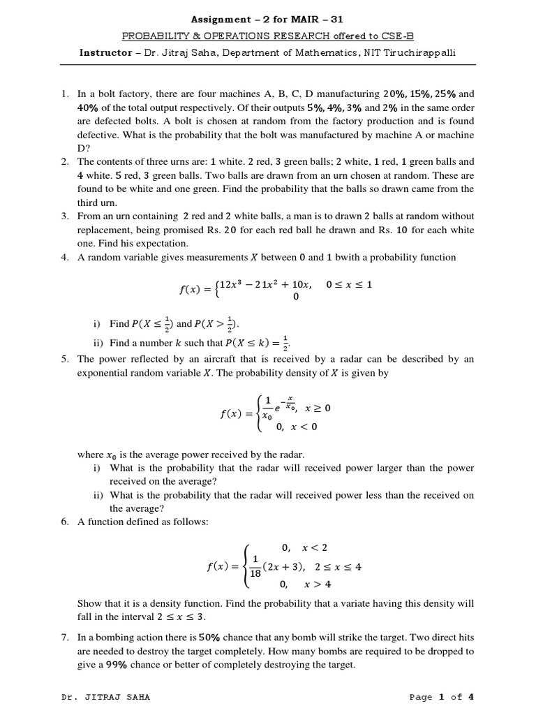 Probability & Operations Research Assignment | PDF | Probability Density Function | Normal ...