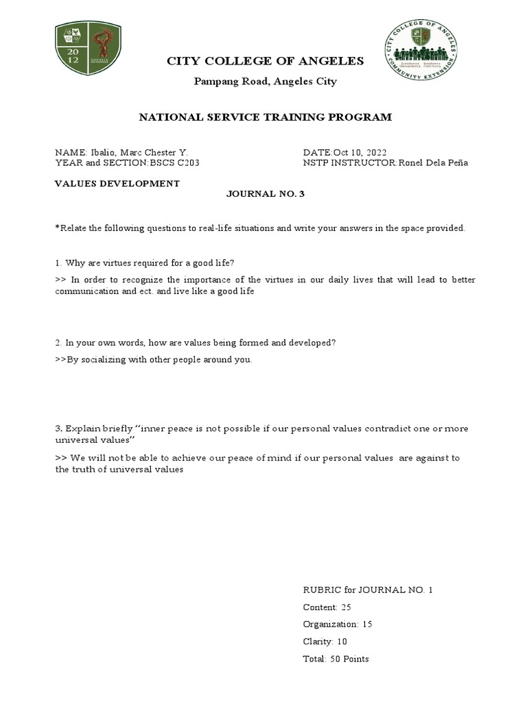 JOURNAL #3 Values Development | PDF