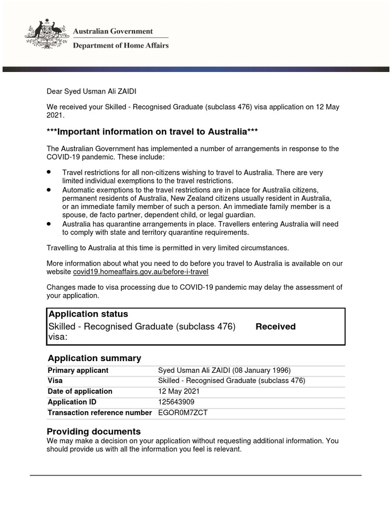 IMMI Acknowledgement of Application Received | PDF | Travel Visa | Cultural Globalization