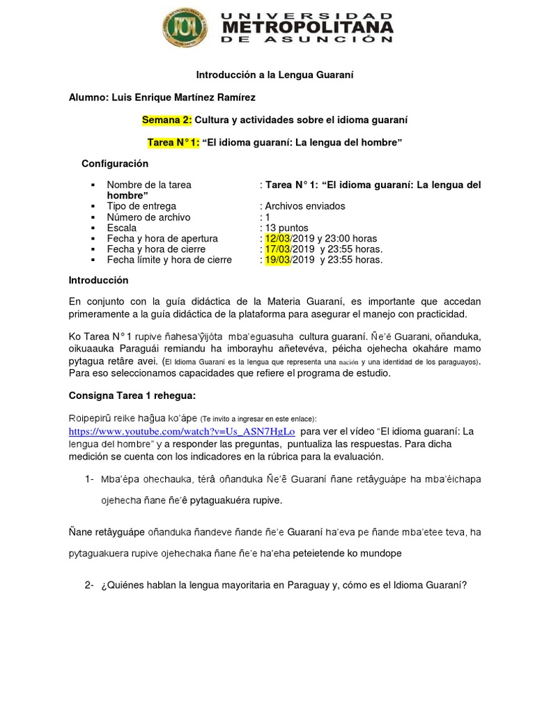 Tarea 1 Guaraní | PDF | Primer idioma | Lengua española