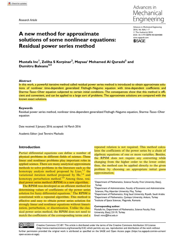 A New Method For Approximate Solutions of Some Nonlinear Equations: Residual Power Series Method ...