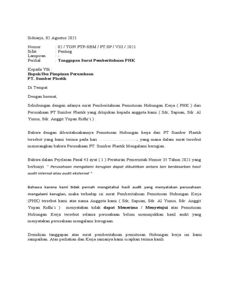 Tanggapan Surat PHK | PDF