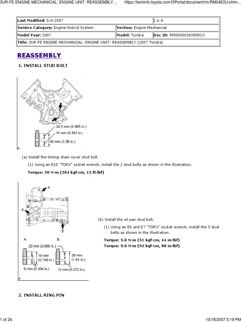 3ur-Fe Engine Mechanical Engine Unit Reassembly (2007 Tundra) | PDF | Engines | Engine Technology