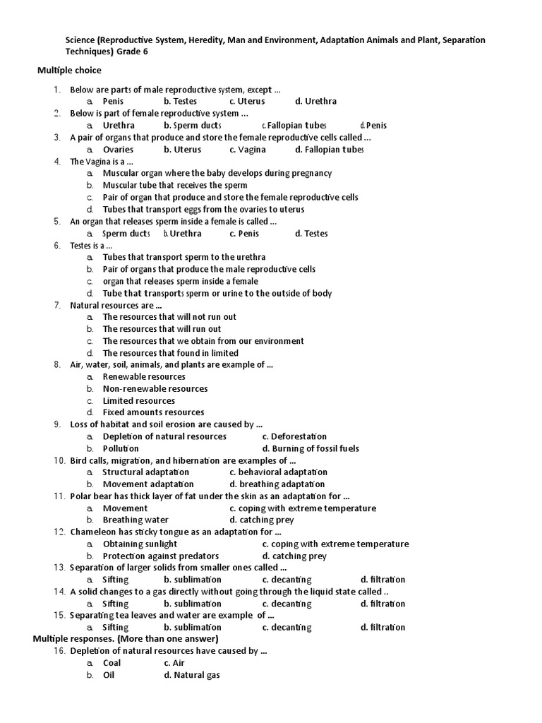 Grade 6 Science MCQ (Reproductive System, Heredity, Adaptation | PDF ...