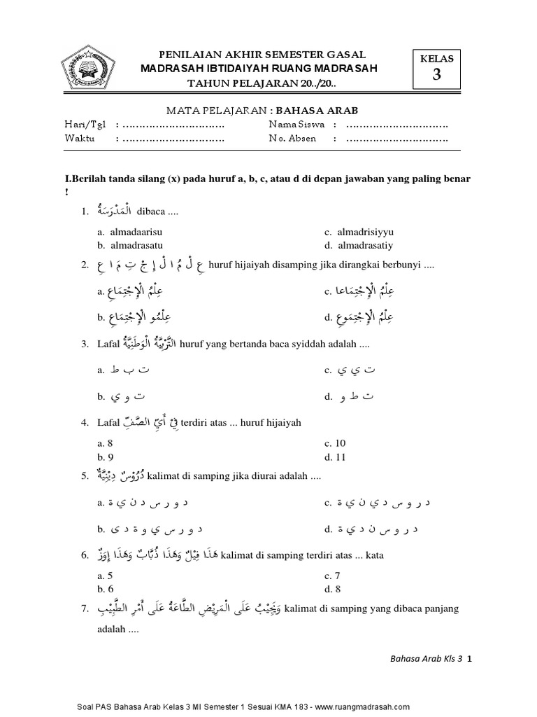 Soal PAS B. Arab Kelas III MI | PDF