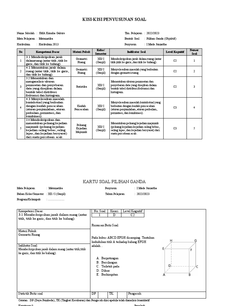 Format Kisi-Kisi Dan Kartu Soal | PDF