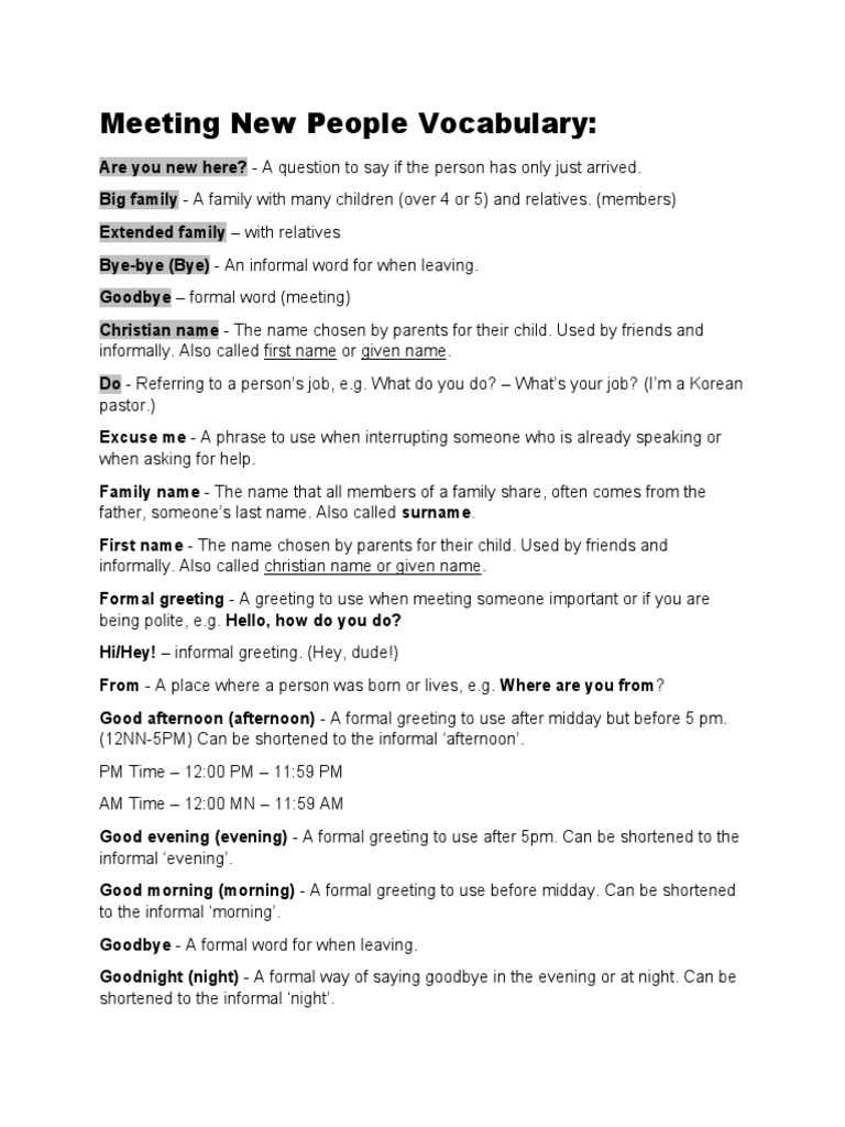 Meeting New People Vocabulary | PDF | Human Communication