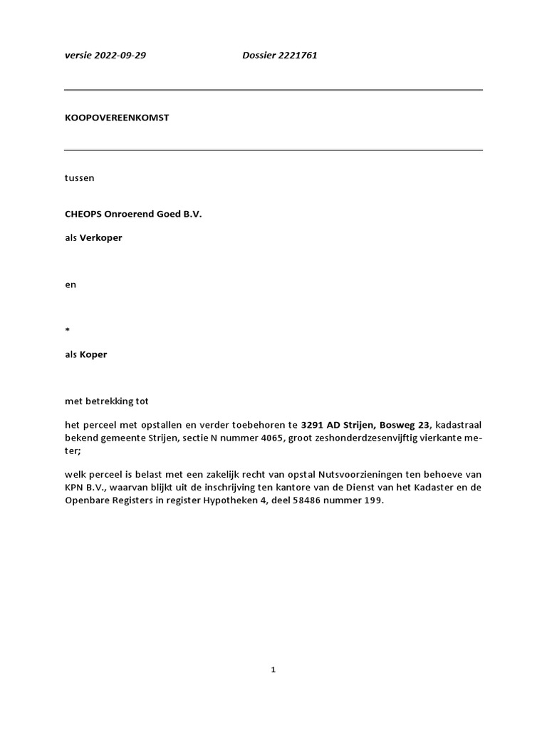 Koopovereenkomst: Versie 2022-09-29 Dossier 2221761 | PDF