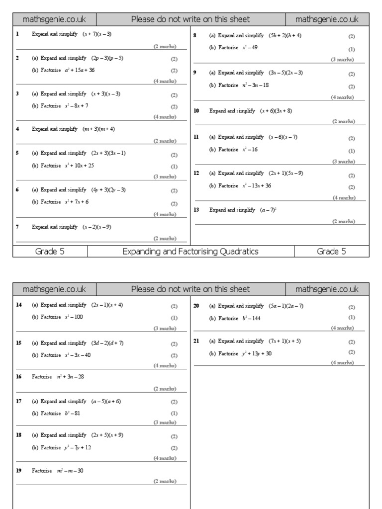 5 Expanding and Factorising Quadratics Ws | PDF