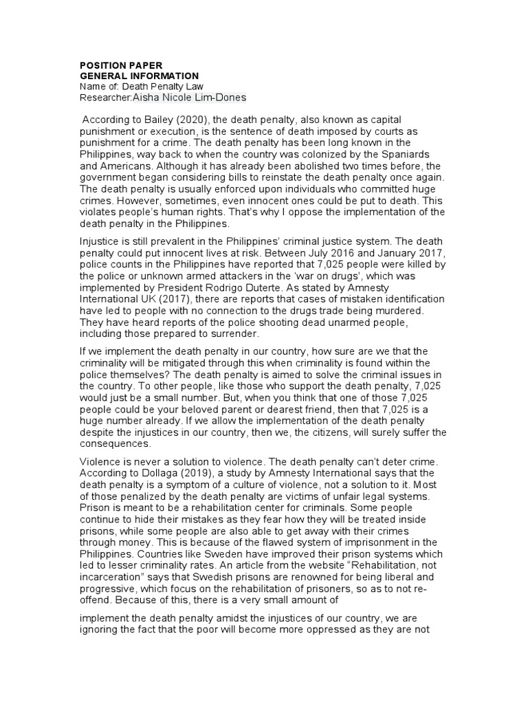 Position Paper | PDF | Capital Punishment | Rehabilitation (Penology)