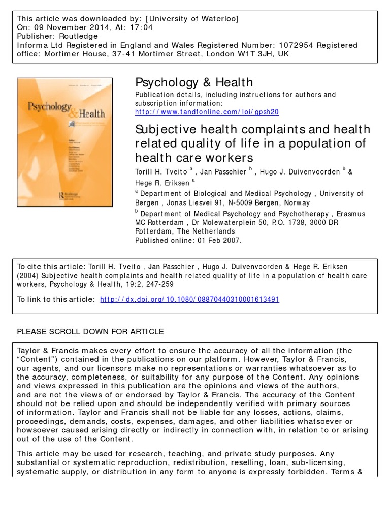 Psychology & Health: To Cite This Article: Torill H. Tveito, Jan ...