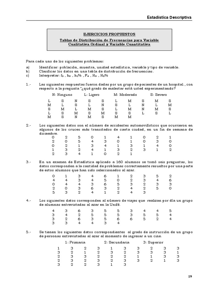 Ejercicios Propuestos Tablas de Distribución de Frecuencias para Variable Cualitativa Ordinal y ...