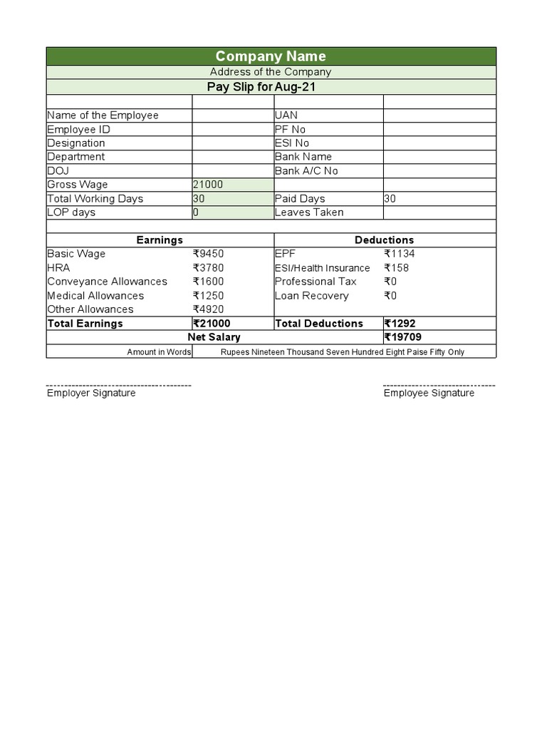 Pay Slip Format in Excel | PDF