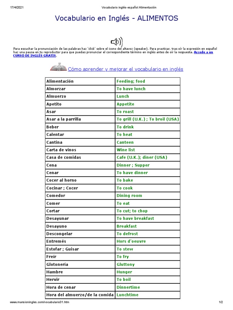 Vocabulario Bilingüe de Alimentos | PDF | Cocina | Preparación de ...