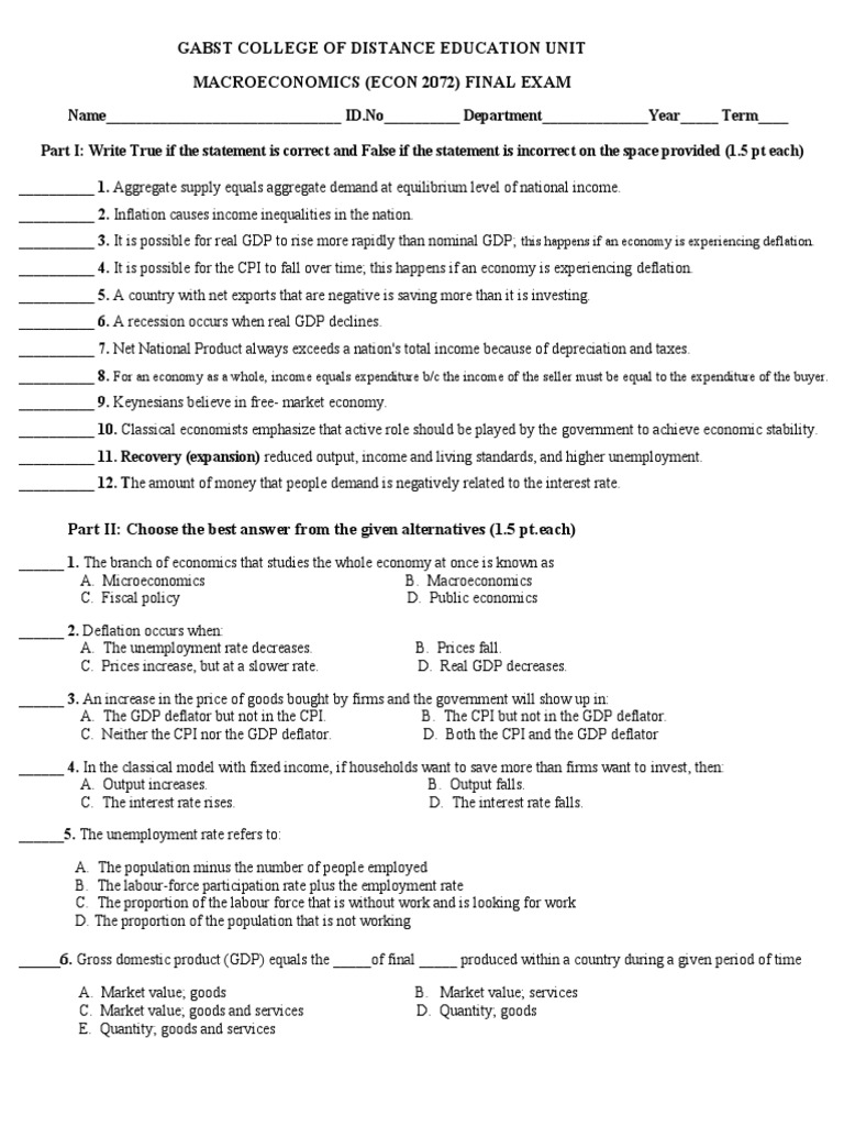 Macro Exam Pdf Macroeconomics Economics