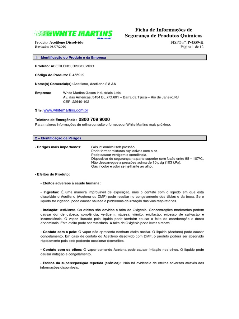 P4559 - FISPQ Acetileno | PDF | Dióxido de carbono | Combustão
