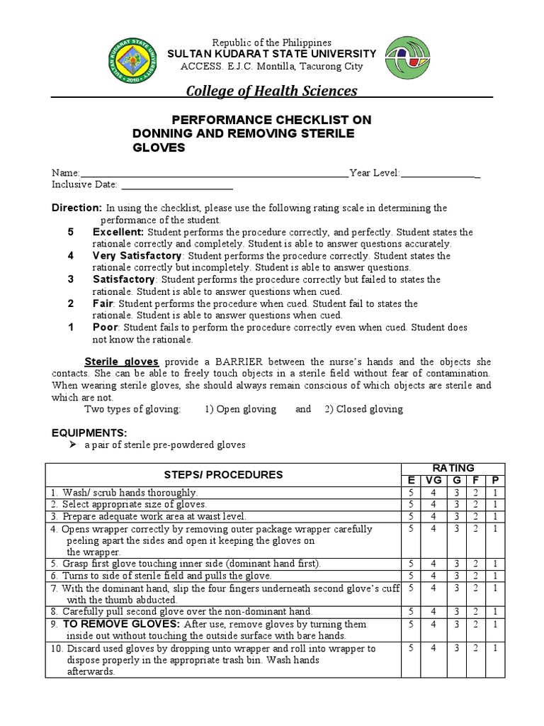 Gloving Technique - Steps Performance Checklist | PDF | Glove | Hand