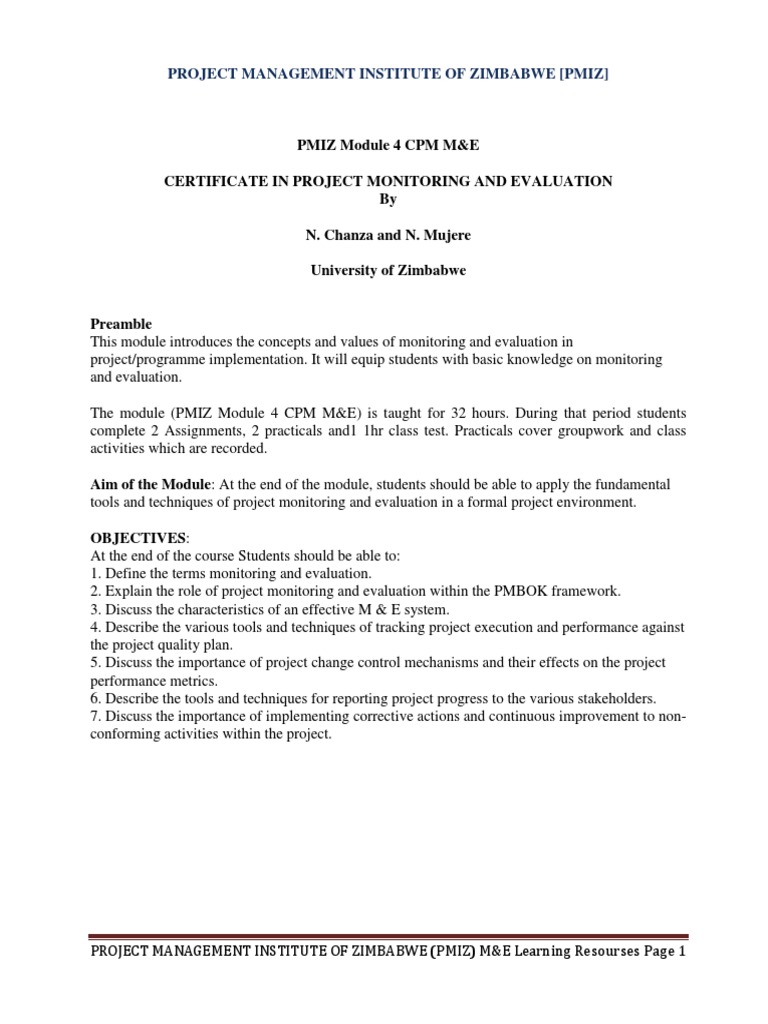 PMIZ M&E Handout | PDF | Evaluation | Project Management