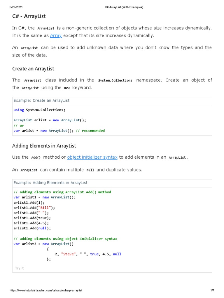 C Arraylist With Examples Download Free Pdf C Sharp Programming Language Computer 3989