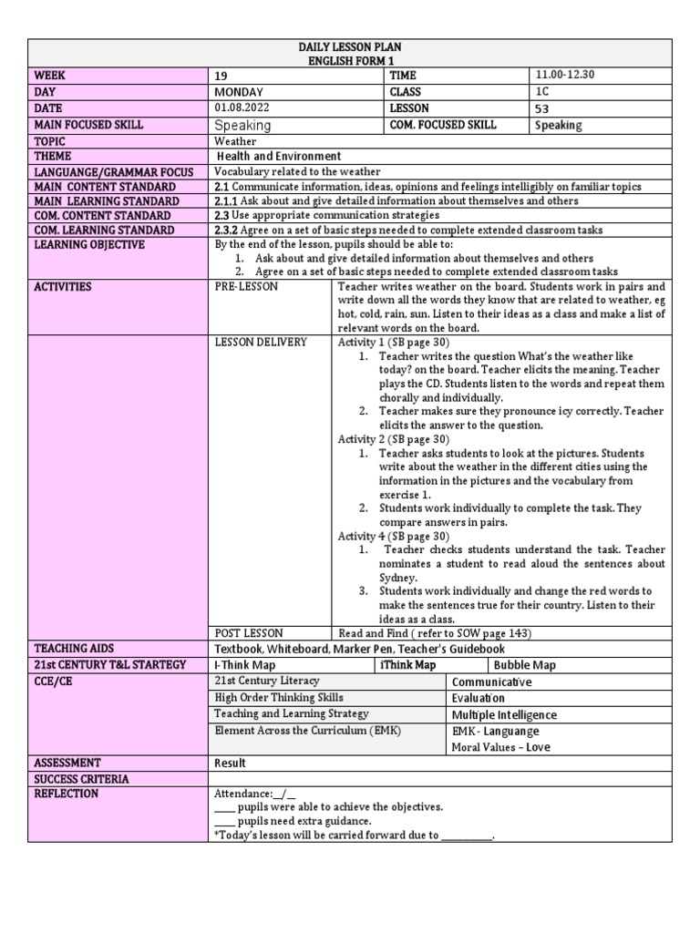 Weather Lesson Plan for Form 1 | PDF | Lesson Plan | Teachers