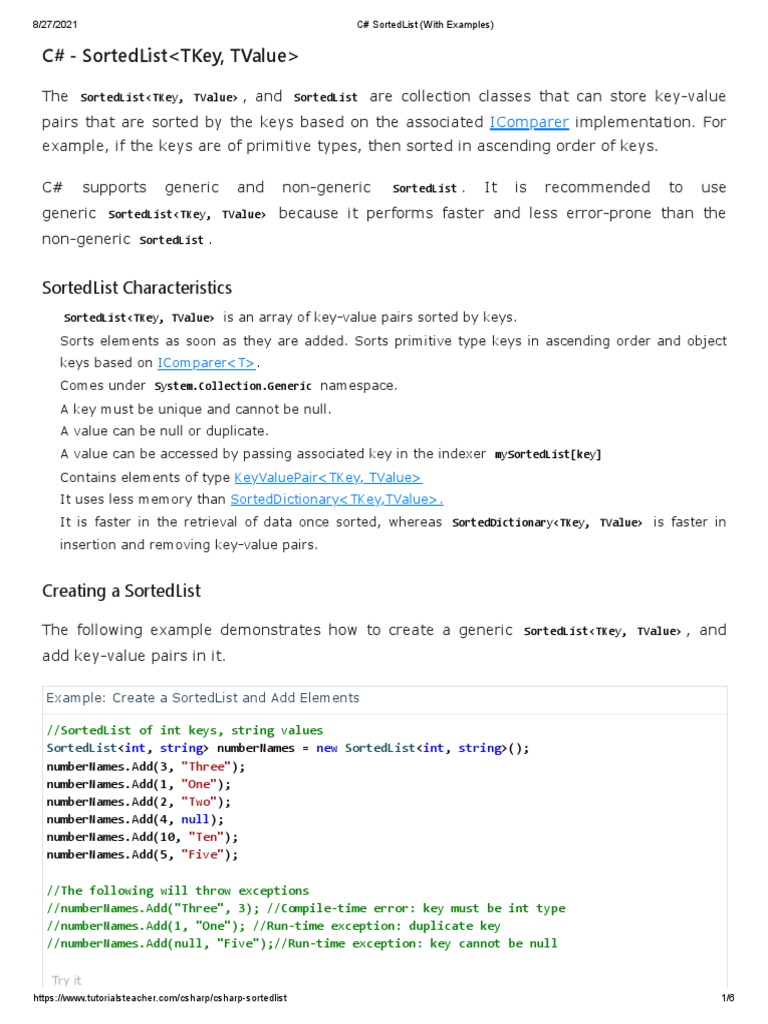 An In Depth Guide To The C Sortedlist Class With Examples Pdf C Sharp Programming Language 