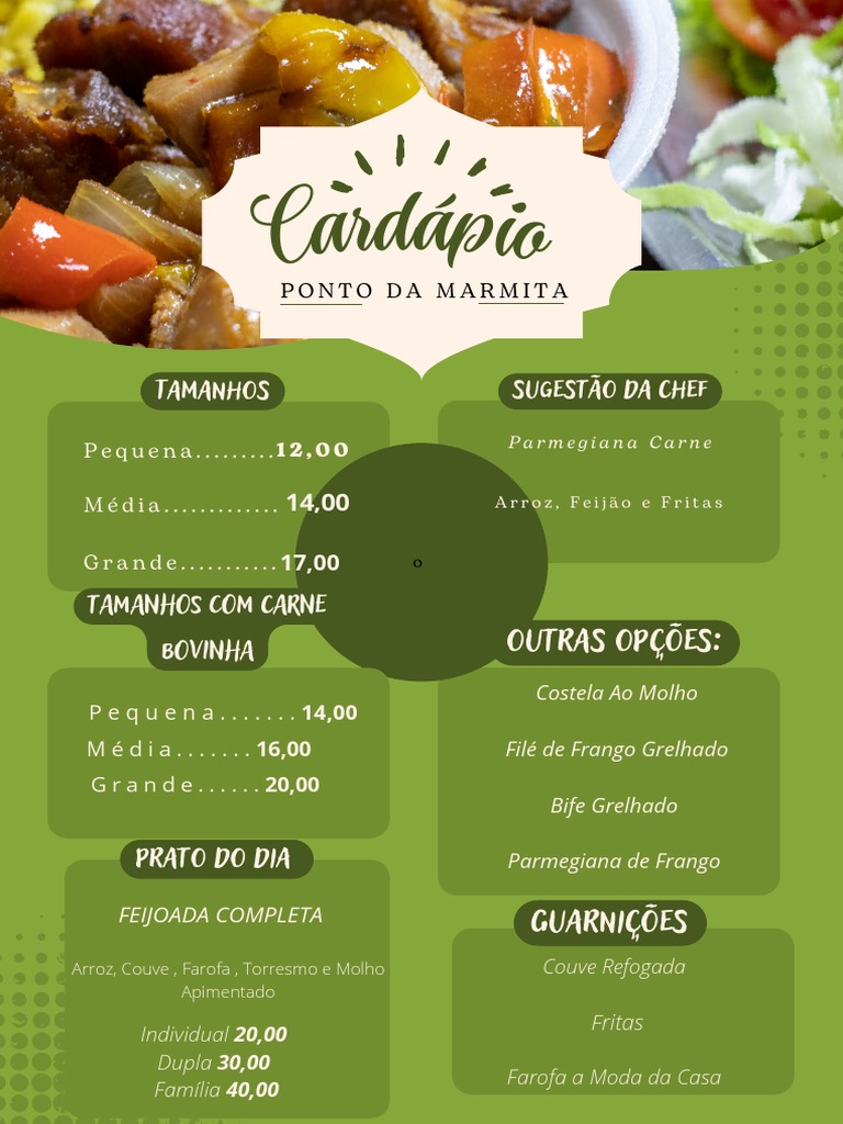 Cardápio Menu Do Dia Marmitaria Marmitex Restaurante Quentinha | PDF