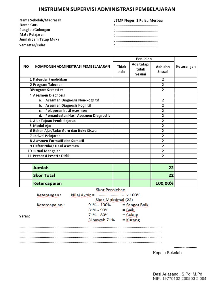 Instrumen Supervisi Administrasi Pembelajaran Kurikulum Merdeka | PDF