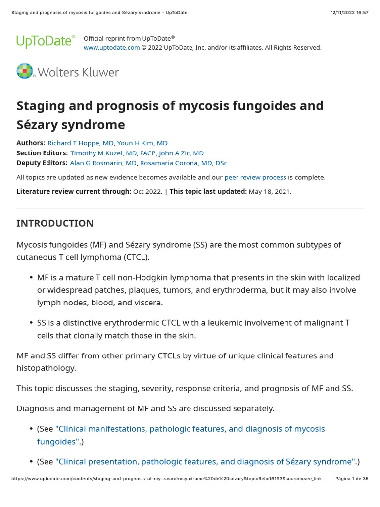 Staging and Prognosis of Mycosis Fungoides and Sézary Syndrome ...