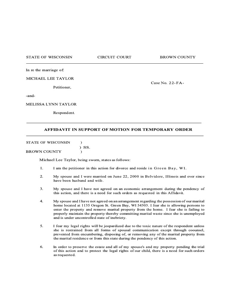 Affidavit in Support of Motion For Temporary Order | PDF
