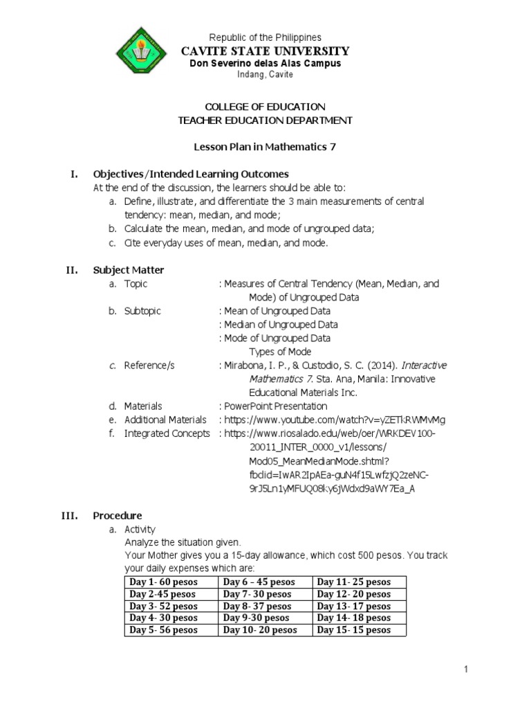 EDUC 90 4as Lesson Plan | PDF | Mode (Statistics) | Mean