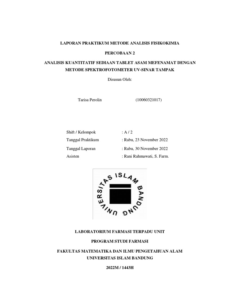 LAPORAN PRAKTIKUM METODE ANALISIS FISIKOKIMIA (Tarisa Perolin ... LAPORAN PRAKTIKUM METODE ANALISIS FISIKOKIMIA (Tarisa Perolin ...