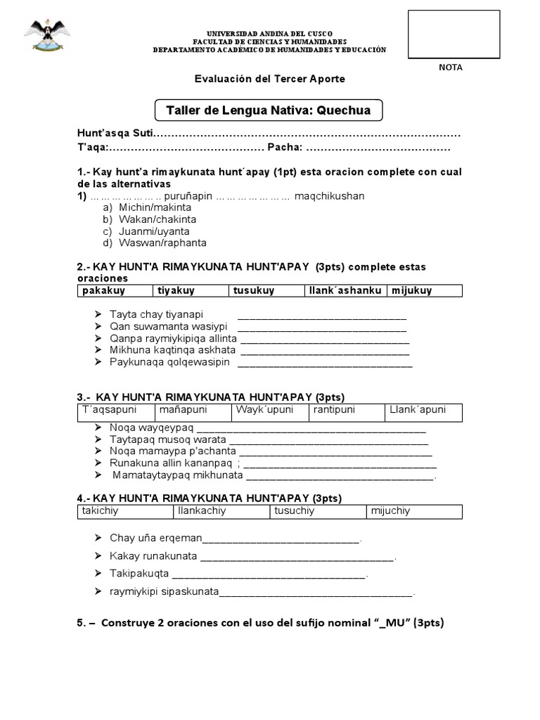 Eval Del TERCER Aporte Taller Del Lengua Nativa 2021 - 2 | PDF | Lingüística | Familias de idiomas