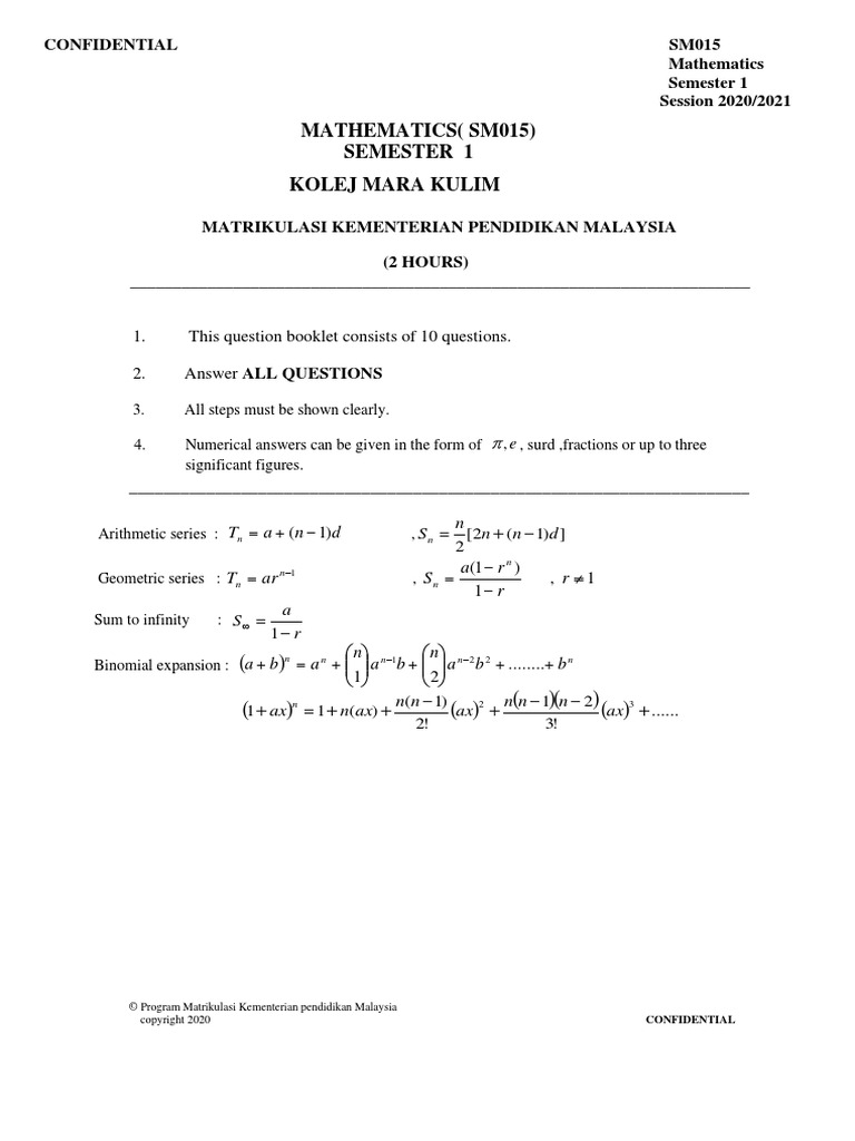 MARA Soalan Final Exam SESI 2020 Set A | PDF | Function (Mathematics) | Complex Number