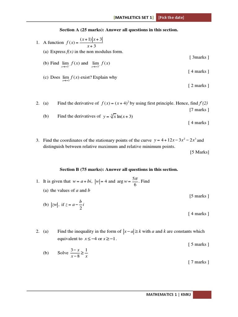 Malaysia Matriculation Mathletics Set 1 | PDF | Function (Mathematics ...