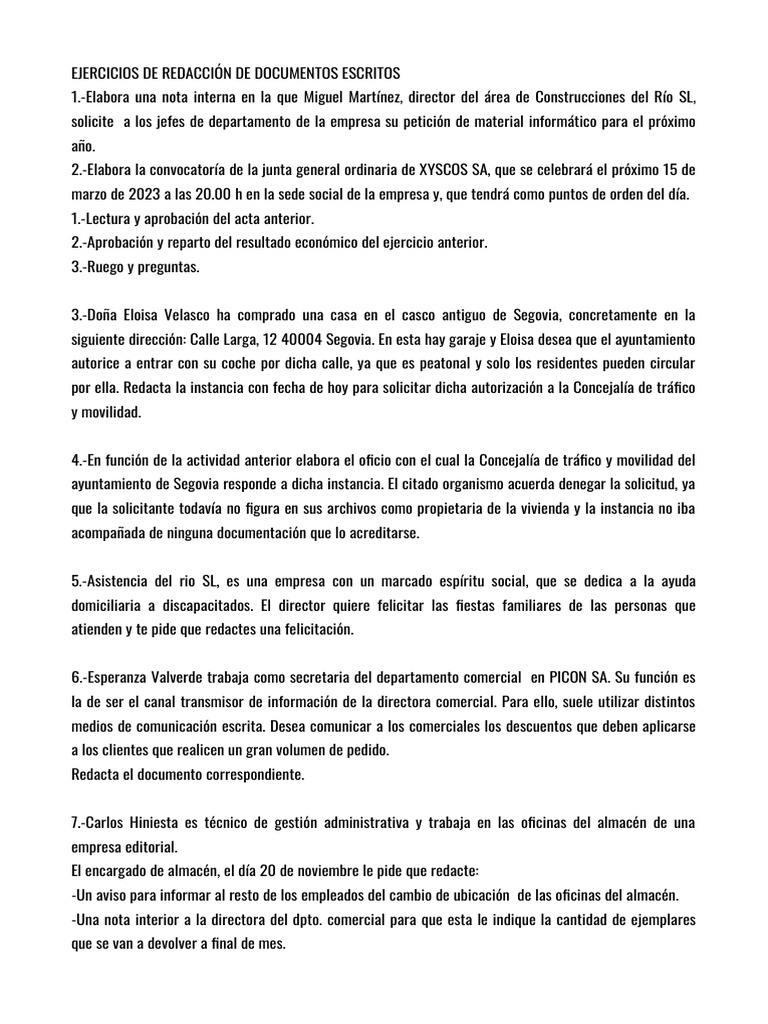 Ejercicios de Redacción de Documentos Escritos | PDF | Business