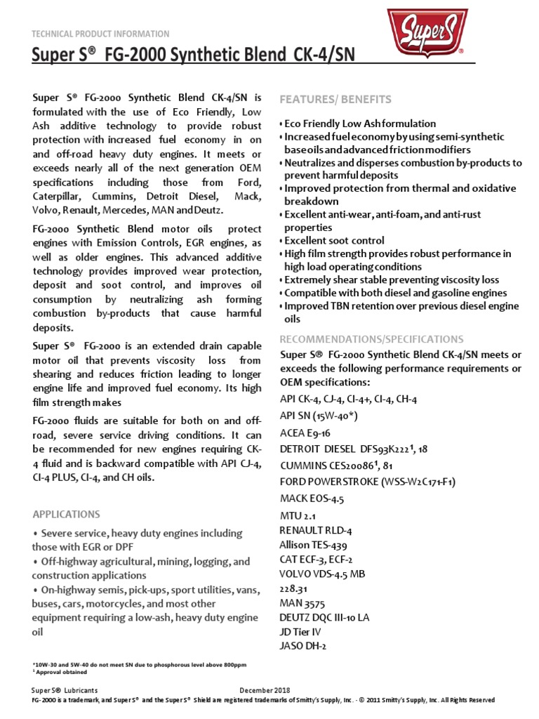 Super S FG-2000 Synthetic Blend CK-4 - SN | PDF | Motor Oil | Engines