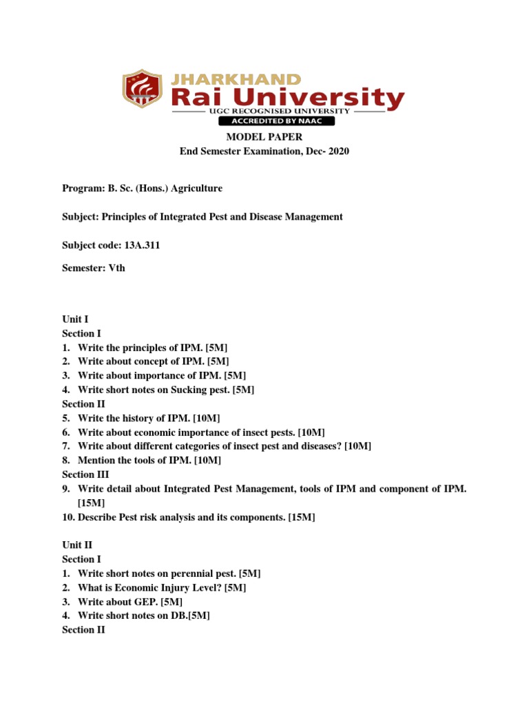 Principles of Integrated Pest and Disease Management - Model Ques | PDF ...