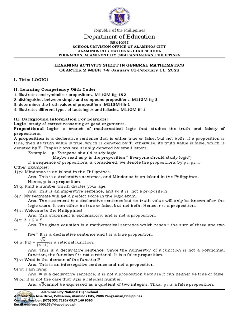 Learning Activity Sheet in General Mathematics | PDF | Proposition ...
