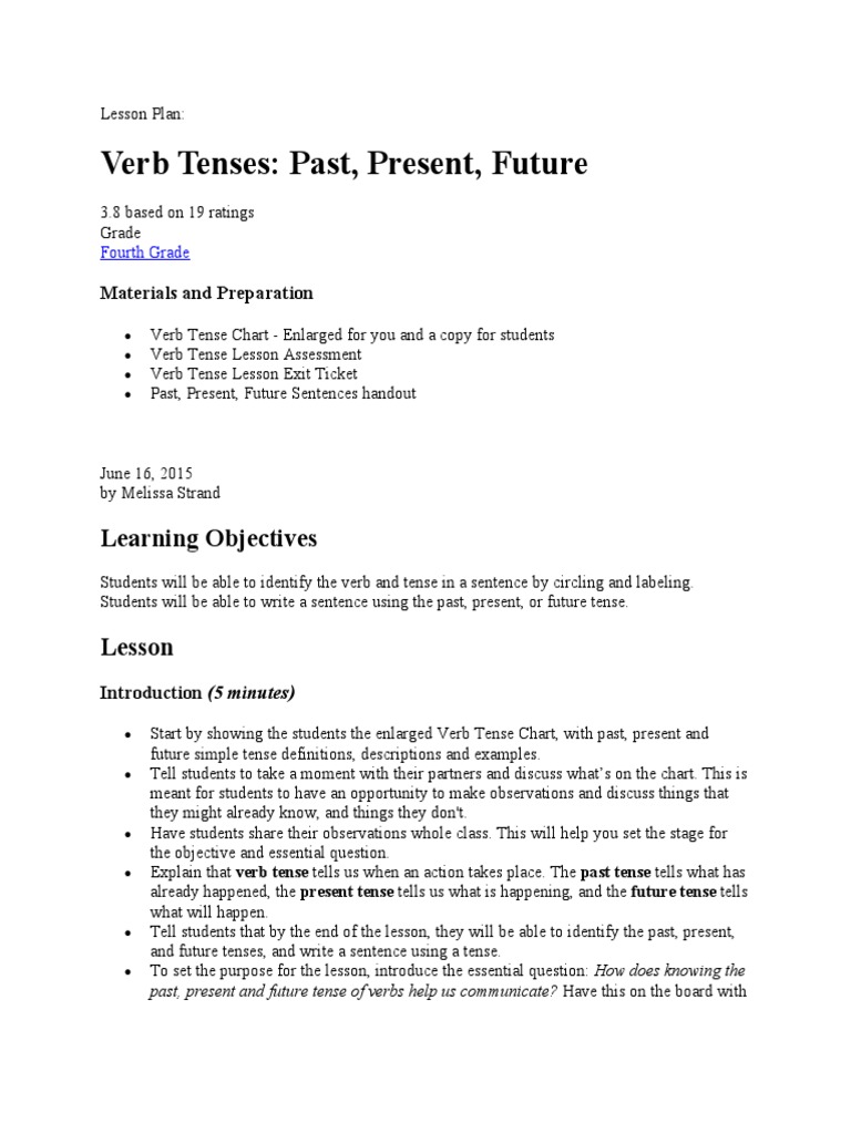 Fourth Grade Verb Tenses Lesson Plan | PDF | Verb | Grammatical Tense