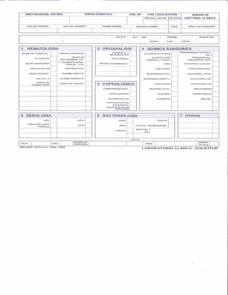 Form. 010A LABORATORIO CLINICO - SOLICITUD | PDF