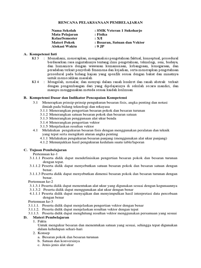 RPP Besaran Satuan Dan Nilai Kelas X SMK | PDF | Karier & Perkembangan