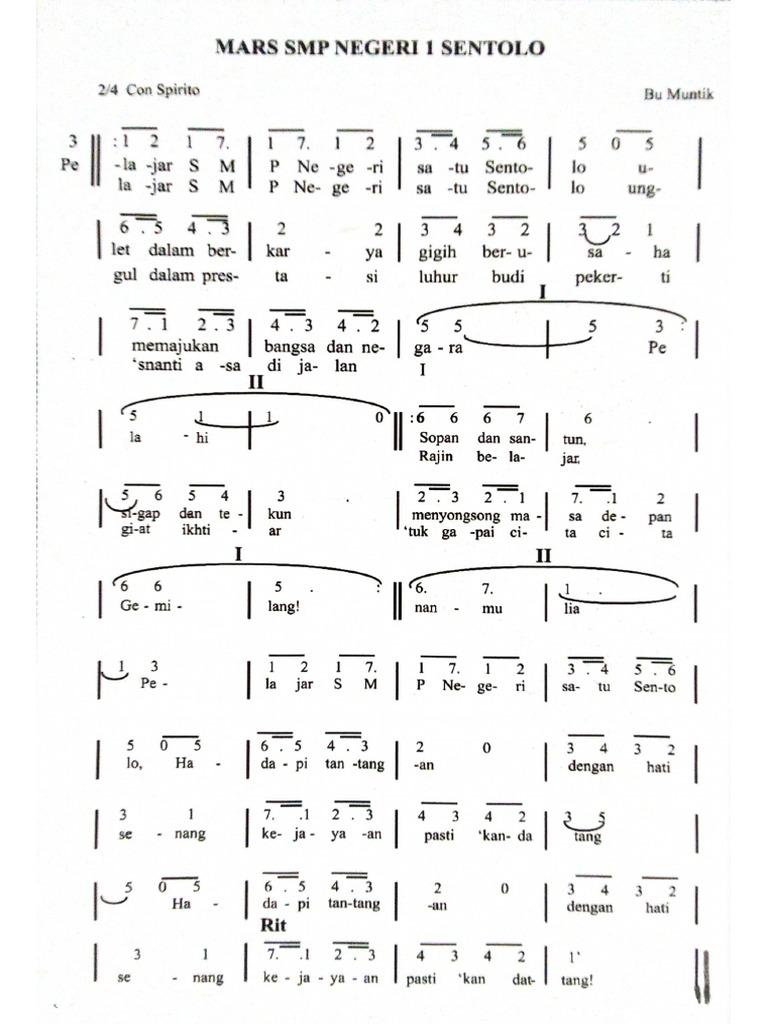 Notasi Dan Lirik Mars SMP Negeri 1 Sentolo | PDF