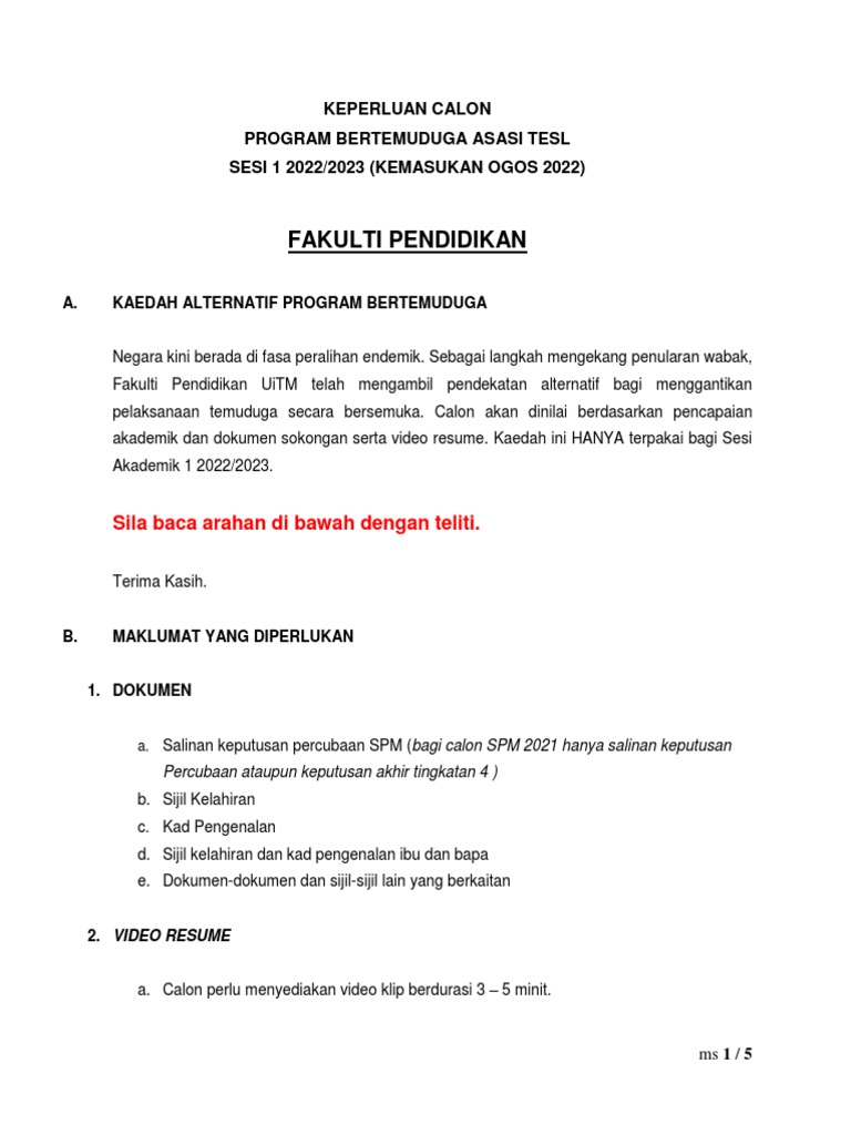 Arahan Dan Keperluan Calon TESL ASASI Diploma | PDF | Bisnis ...